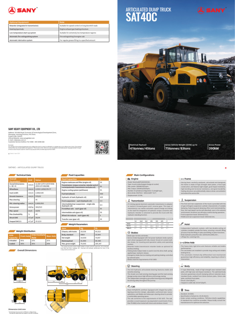SANY SAT40C Articulated Dump Truck | PDF | Truck | Axle