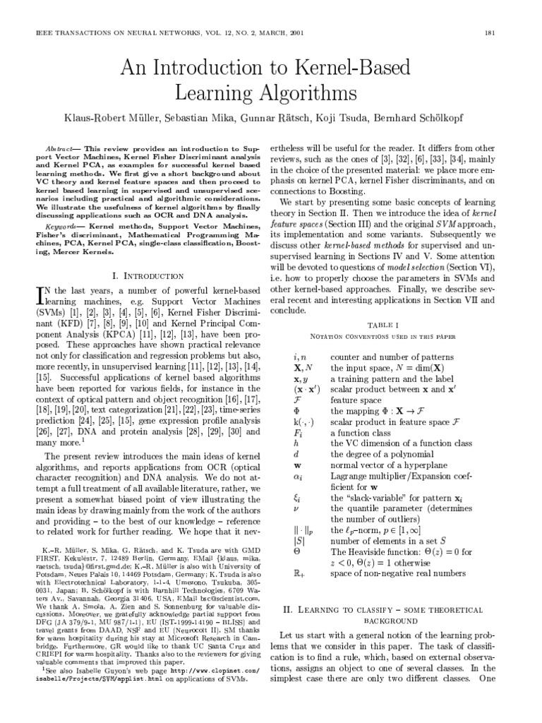 An Introduction To Kernel Based Learning Algorithms Pdf