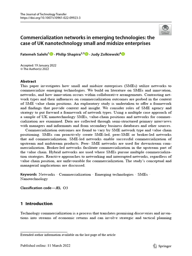 Commercialization Networks in Emerging Technologies: The Case of UK Nanotechnology Small and ...