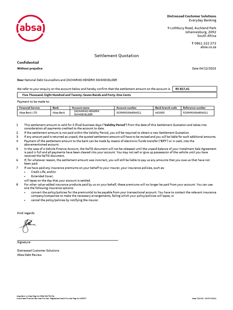 Settlement Quote Letter | PDF | Banks | Insurance