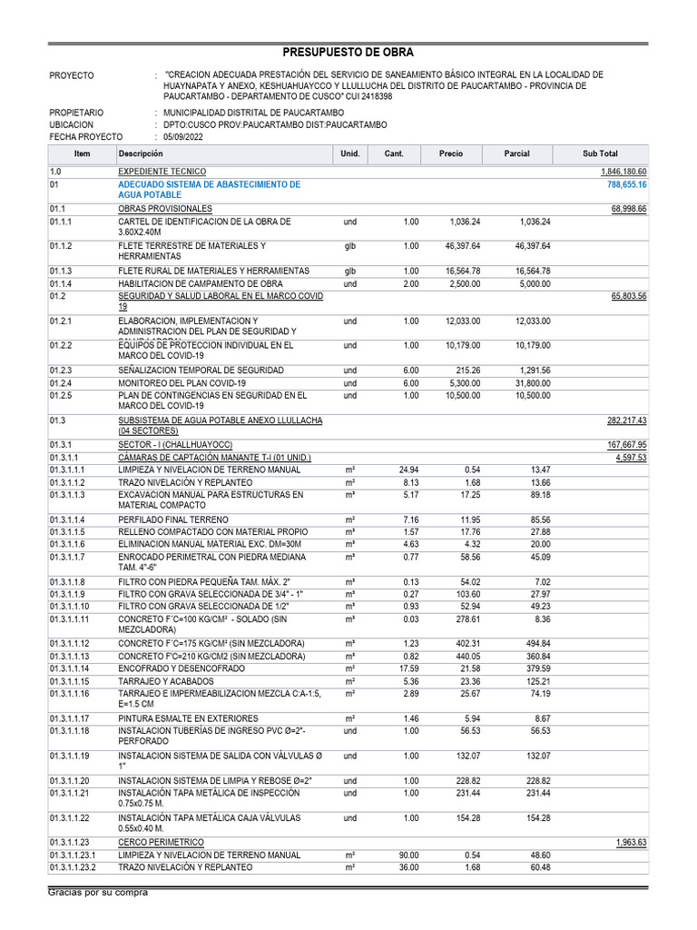Presupuesto Cumita | PDF | Ingeniero civil | Materiales