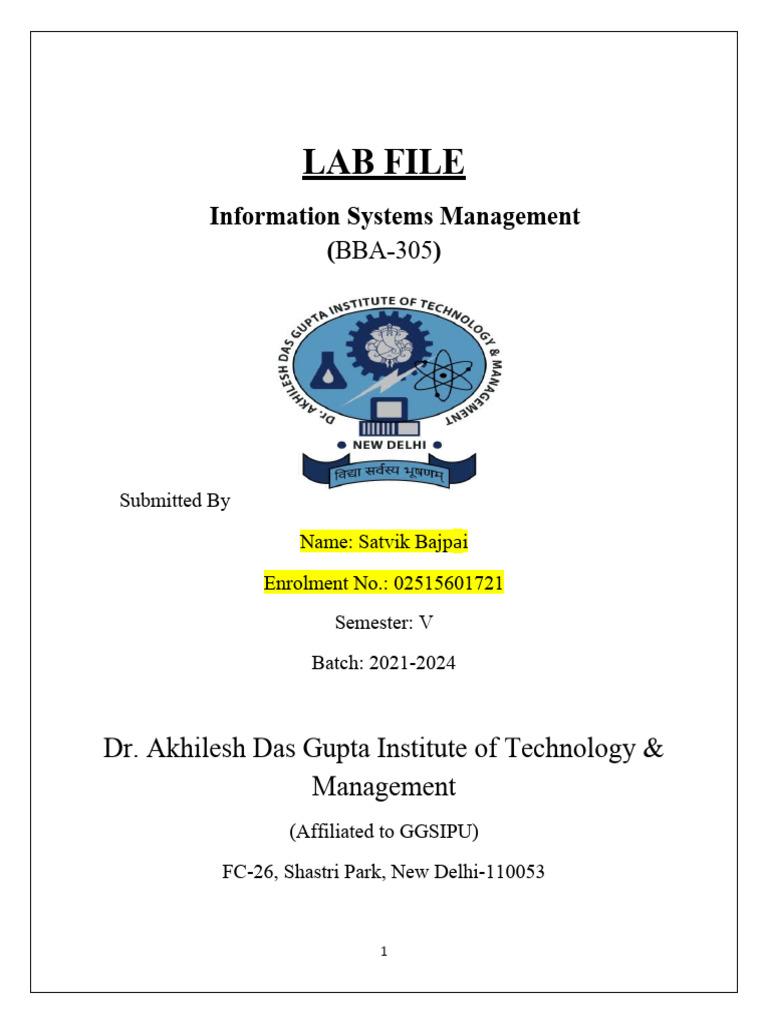 Lab File: Information Systems Management (BBA-305) | PDF | Relational Database | Sql