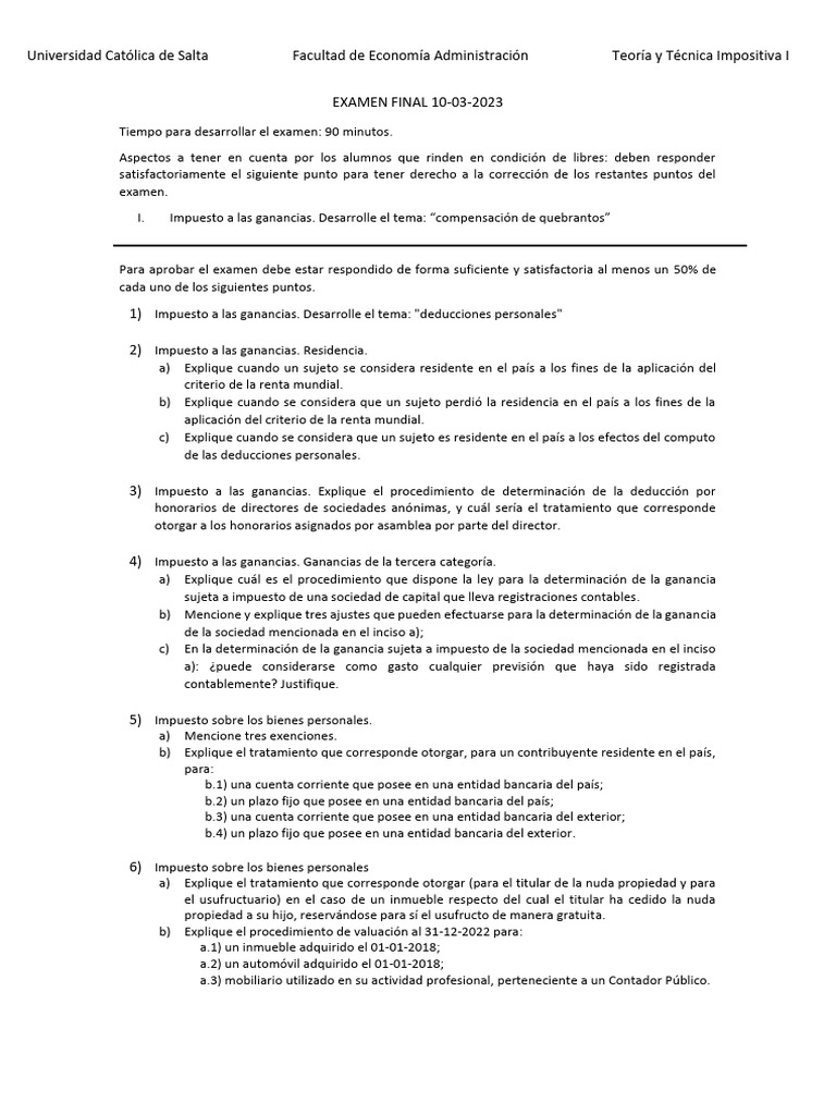 EXAMEN FINAL IMPUESTOS 10-03-2023 | PDF | Impuesto sobre la renta | Impuestos