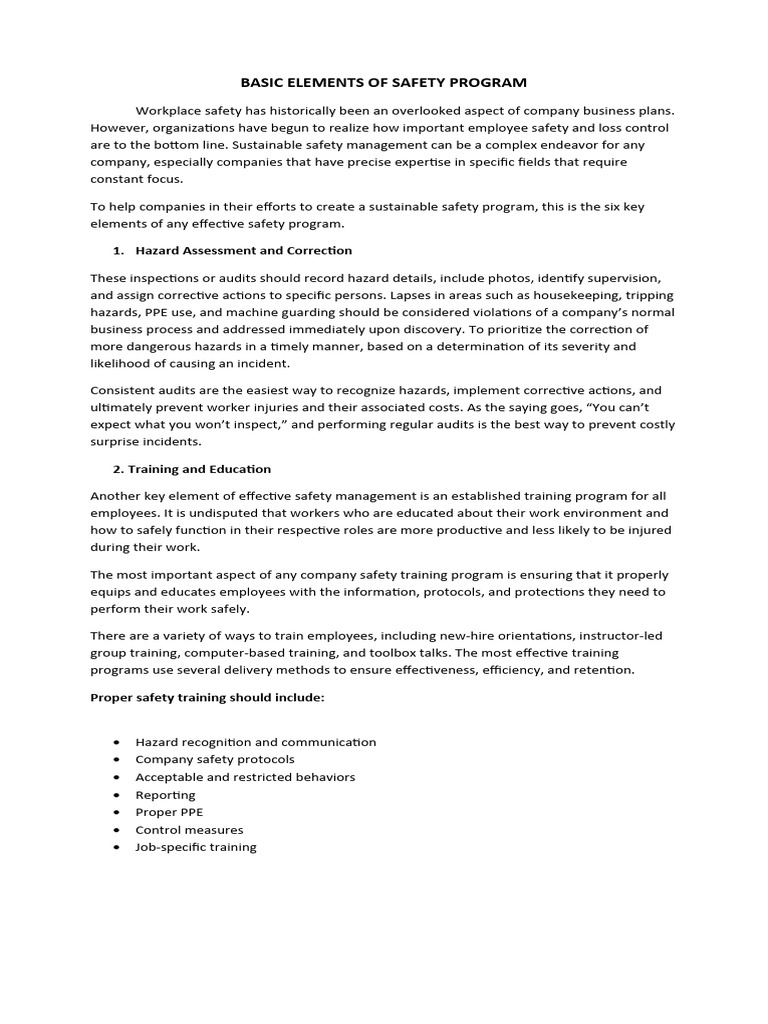 Basic Elements of Safety Program | PDF | Occupational Safety And Health | Safety