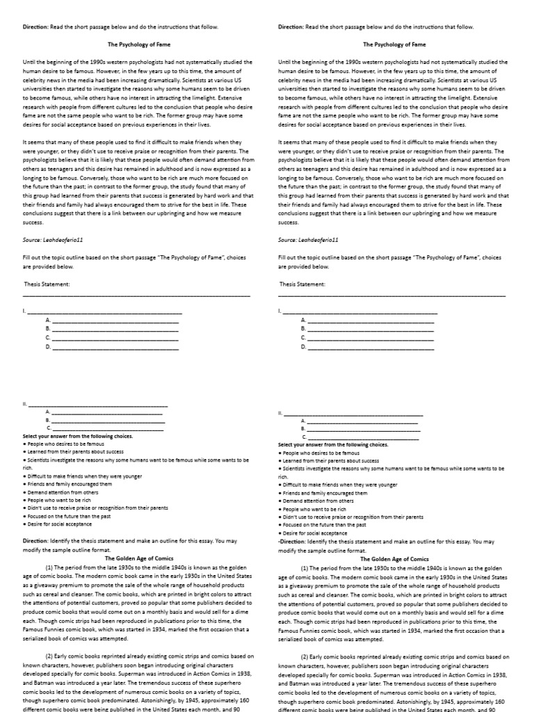 Thesis Statement and Outlining Quiz | PDF | Comic Book | Psychology