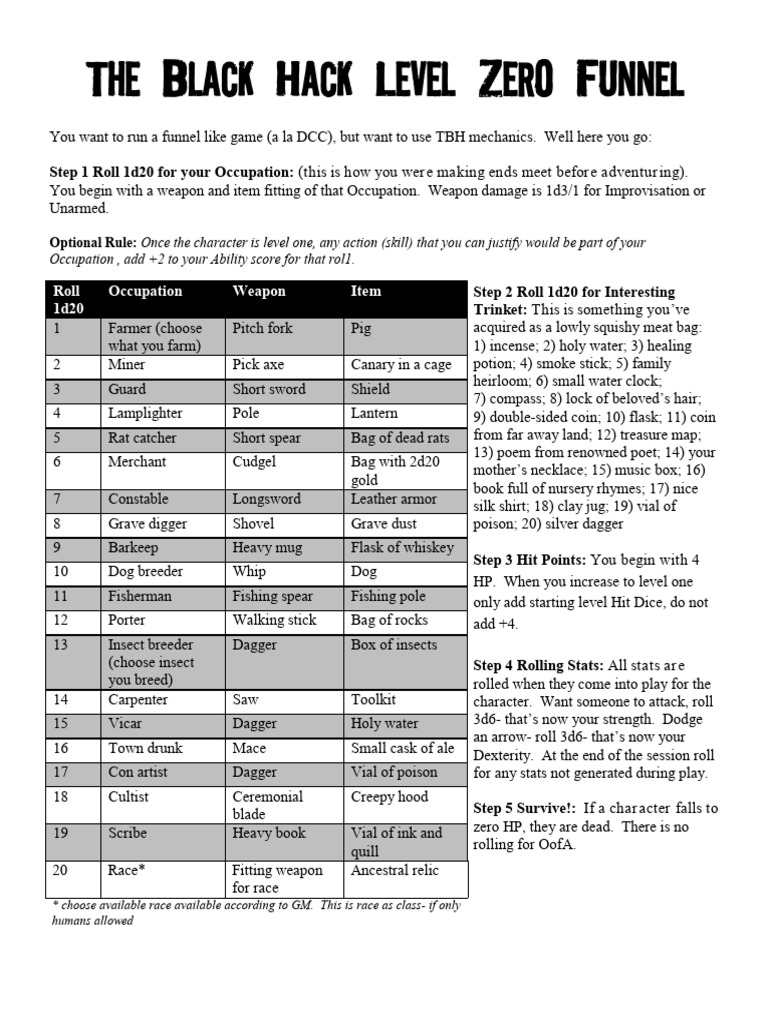 The Black Hack Level Zero Funnel Rules | PDF