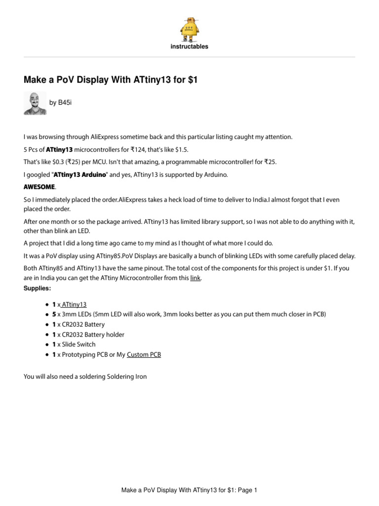 Make A PoV Display With ATtiny13 For 1 | PDF | Arduino | Visual Perception Make A PoV Display With ATtiny13 For 1 | PDF | Arduino | Visual Perception
