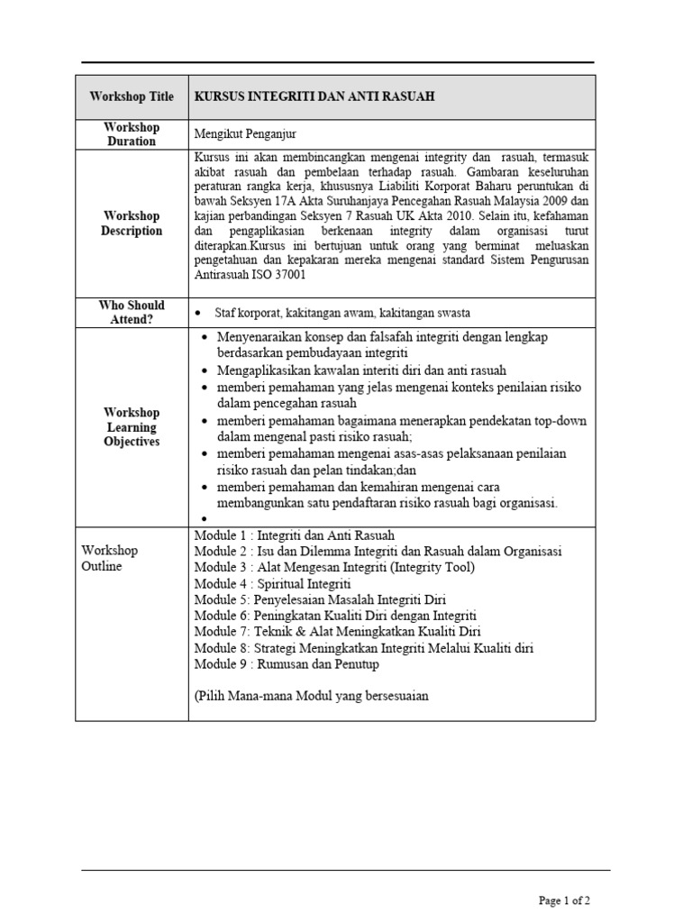 Kursus Integriti Dan Anti Rasuah Separuh Hari | PDF