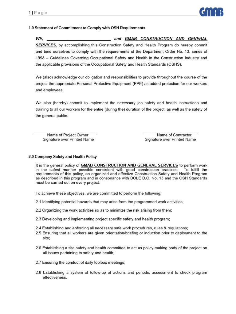 COMPREHENSIVE - CONSTRUCTION SAFETY and HEALTH PROGRAM | PDF ...