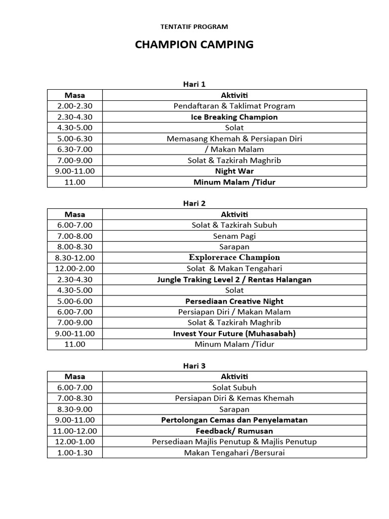 Tentative 3-Day Camping Program | PDF