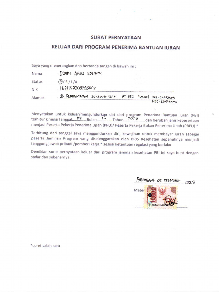 Surat Pernyataan Keluar Program PBI - Dwiki Agus Solihin | PDF