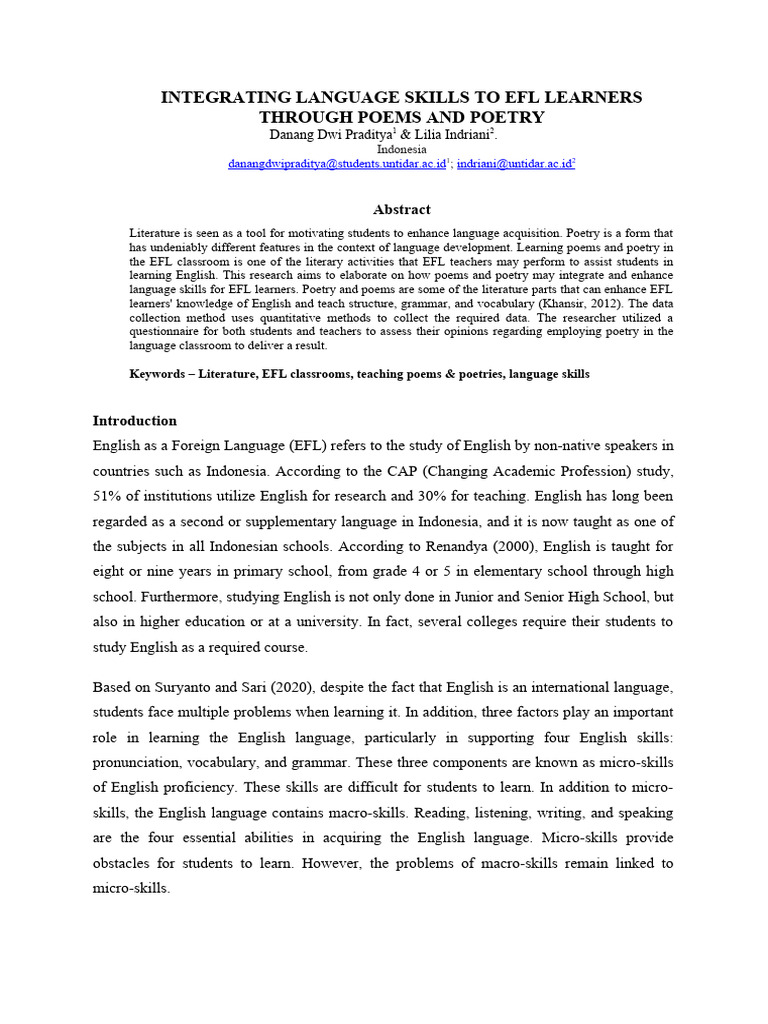 Integrating Language Skills To Efl Learners Through Poems and Poetry | PDF | English As A Second ...