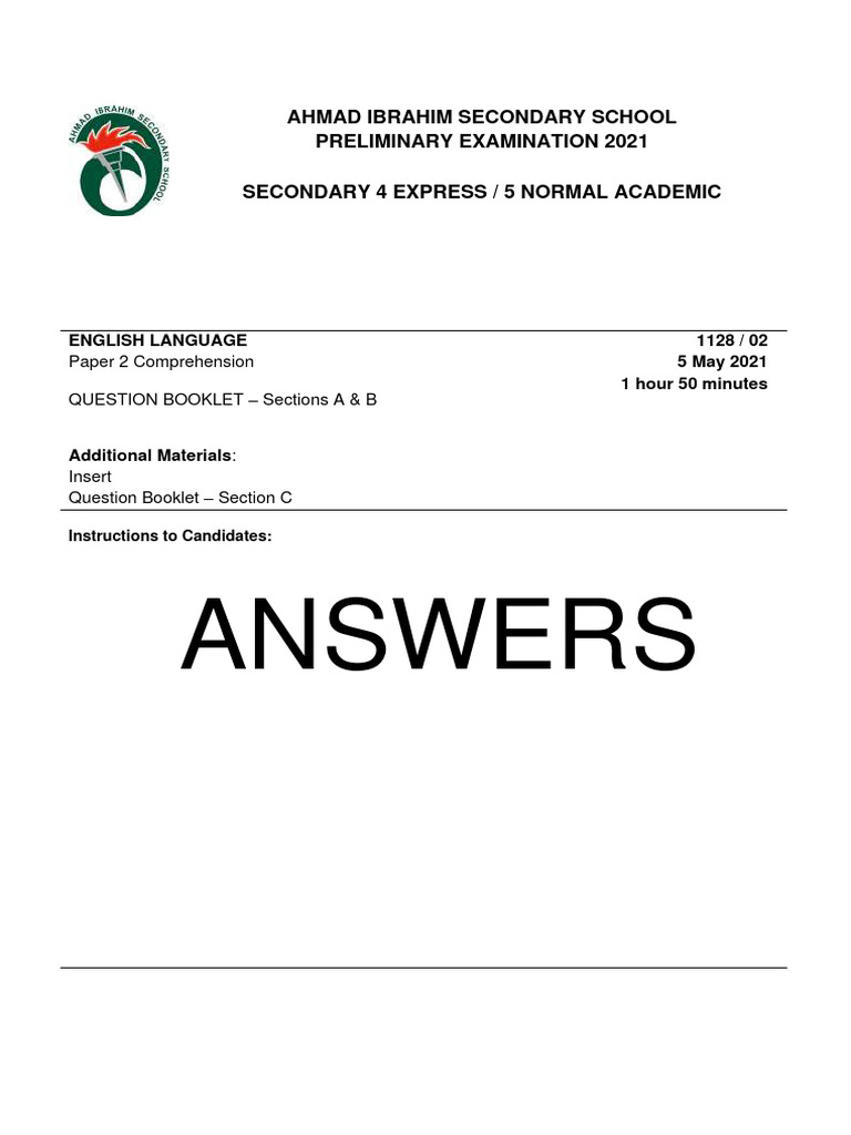 EL - 2021 - Prelim - 4E5N - P2 - Question Booklet A - B - C - Answers ...