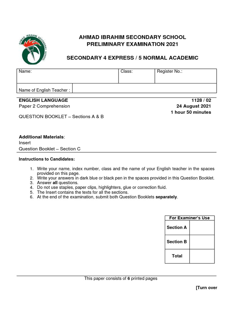 EL - 2021 - Prelim - 4E5N - P2 - Question Booklet A - B | PDF