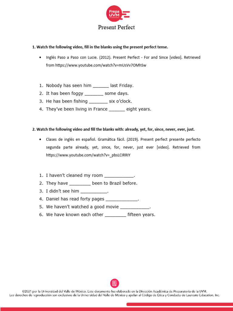 Present Perfect Tense Exercises | PDF | Language Arts & Discipline