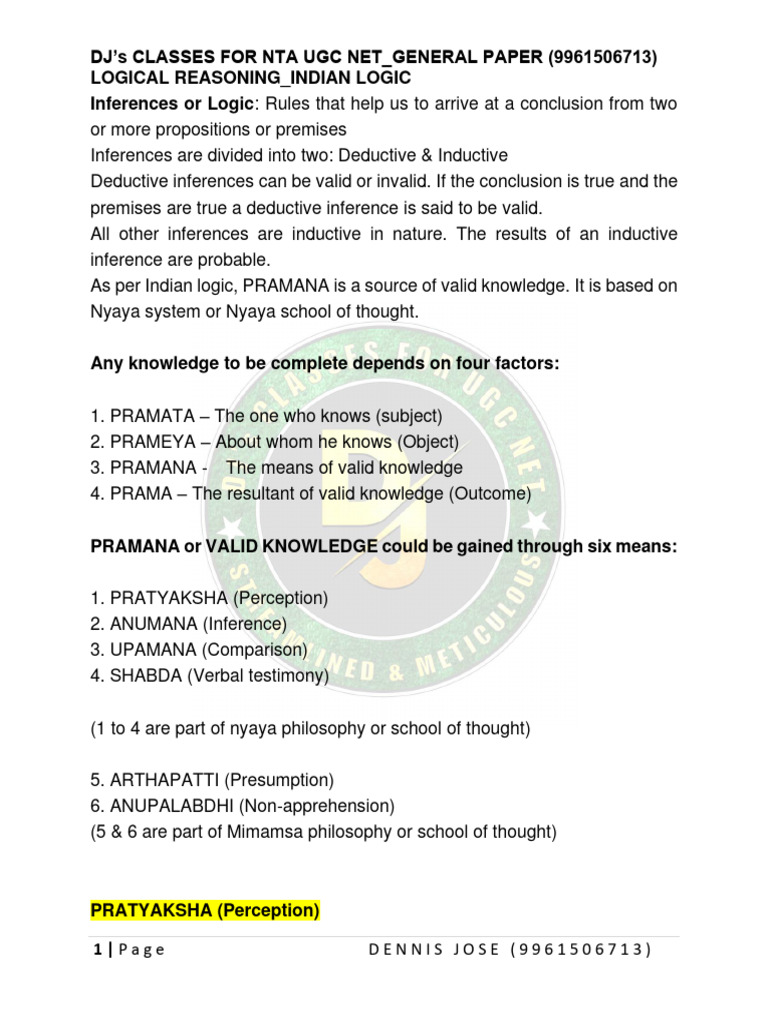 Logical Reasoning - Indian Logic Pramanas | PDF | Logic | Inference