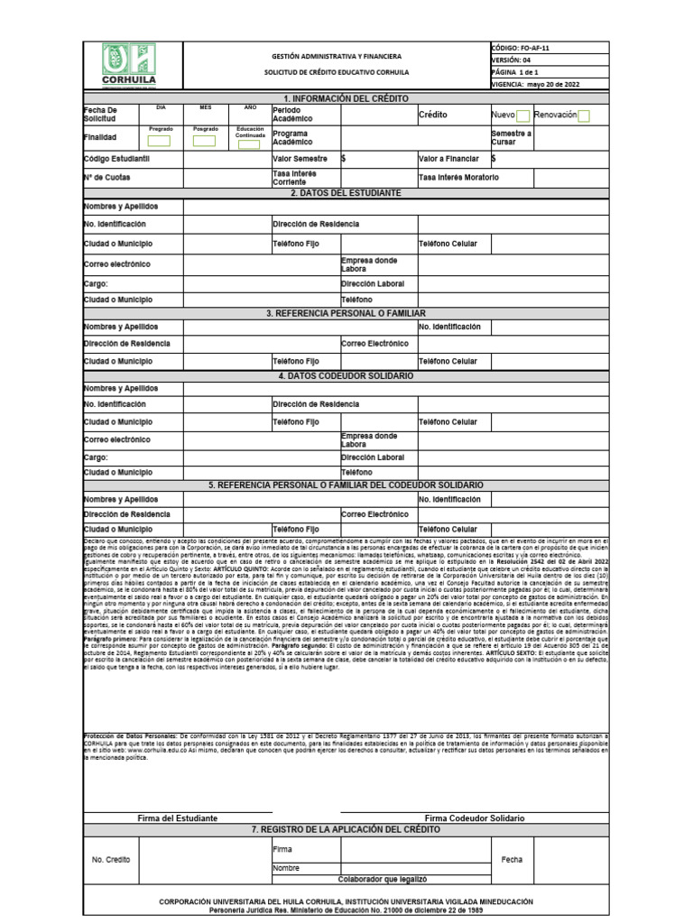 Fo-Af-11 Solicitud de Crédito Educativo Corhuila - v04 | PDF | Crédito | Finanzas y ...