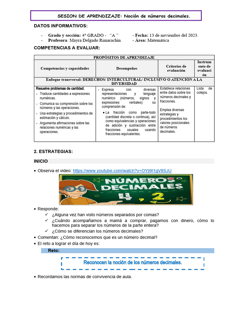 SESION DE APRENDIZAJE NOCION NUMEROS DECIMALES - MATEMÁTICA 4TO GRADO ...