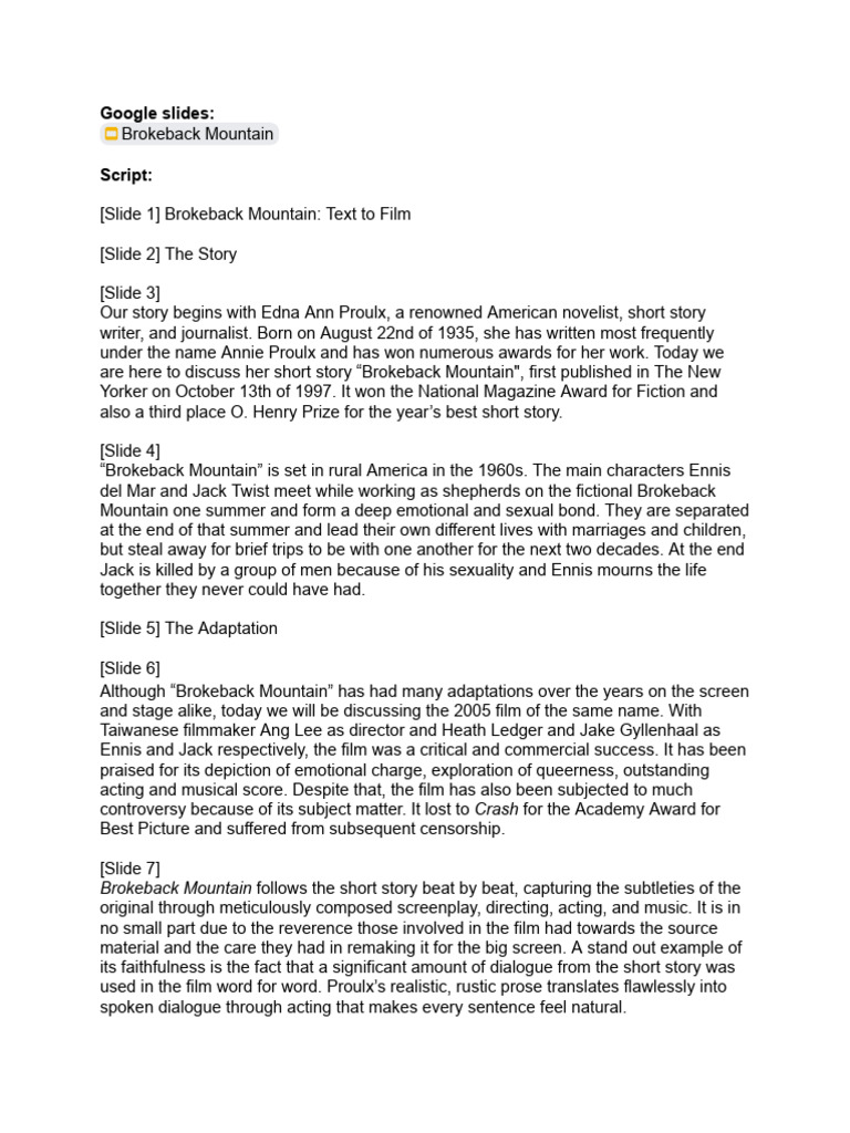 Brokeback Mountain Presentation and Script | PDF | Language Arts & Discipline | Art