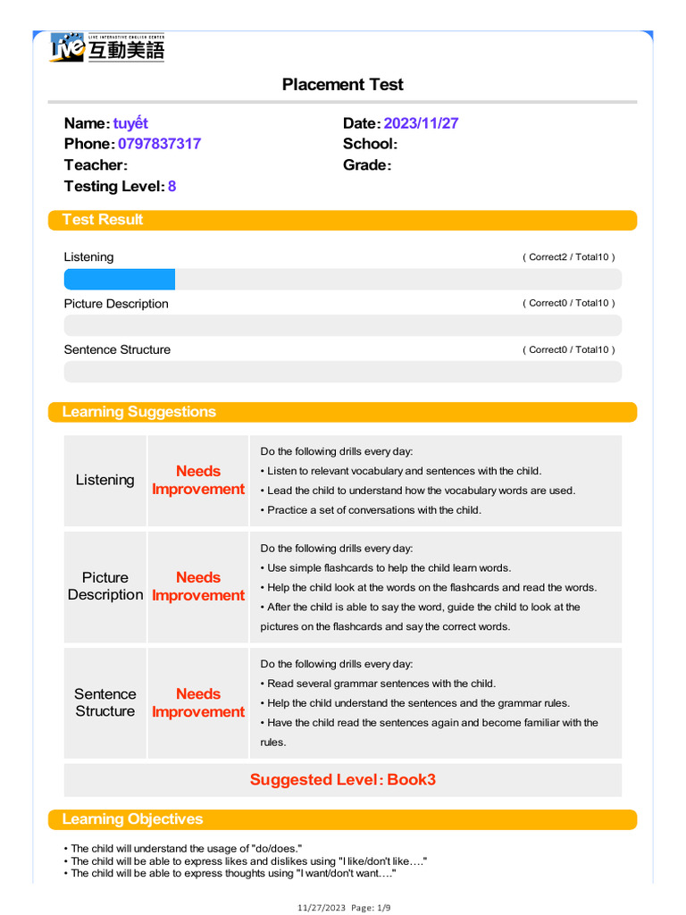 Placement Test Result | PDF | Vocabulary | Sentence (Linguistics)