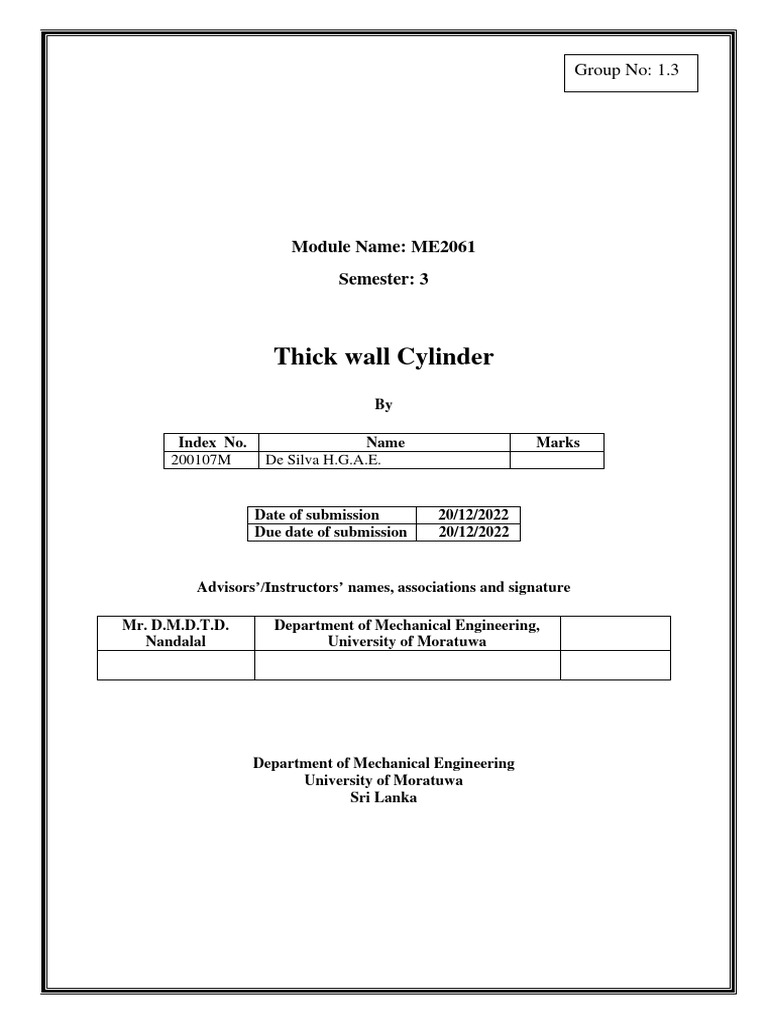 Thick Wall Cylinder: Module Name: ME2061 Semester: 3 | PDF | Stress ...