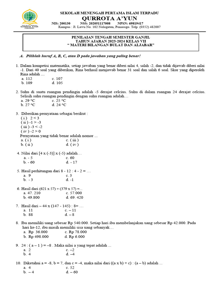 PTS Matematika KLS 7 Bilangan Bulat Dan Aljabar | PDF
