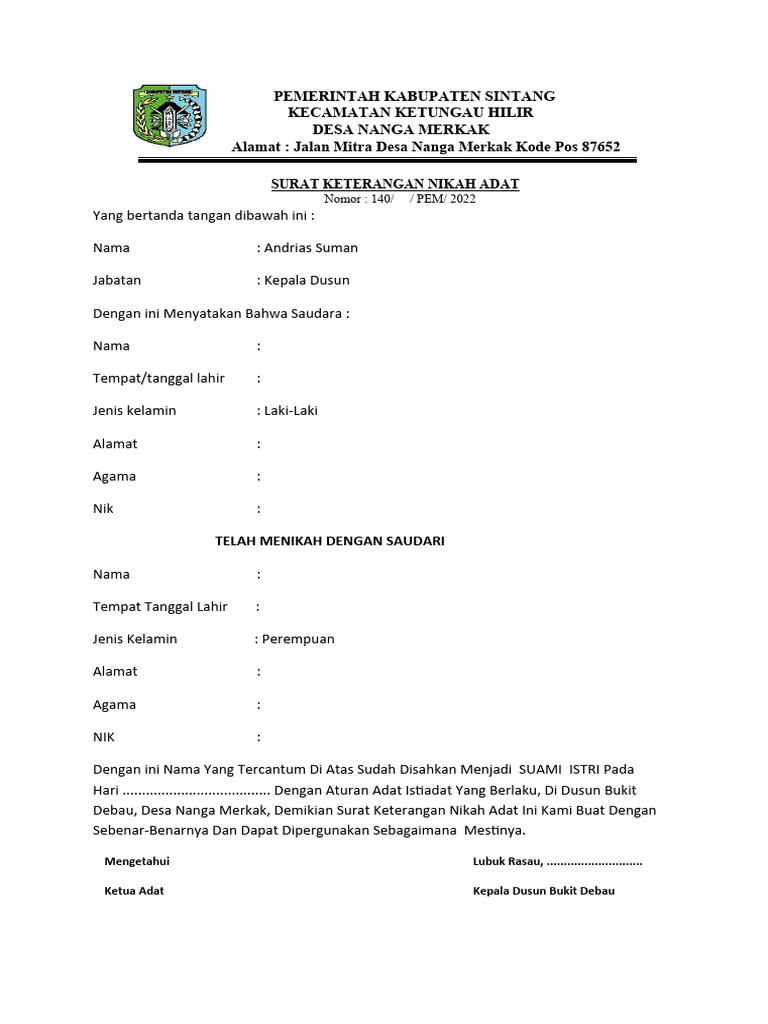 Format Surat Nikah Adat | PDF
