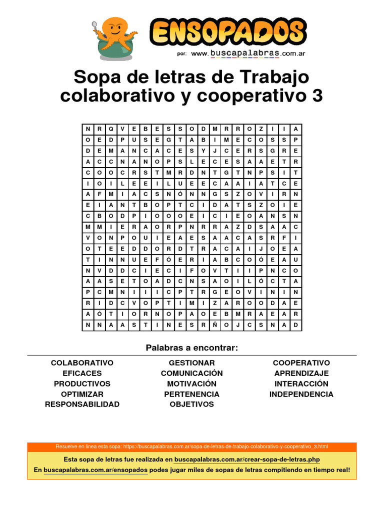 Sopa de Letras de Trabajo Colaborativo y Cooperativo - 3 | PDF ...