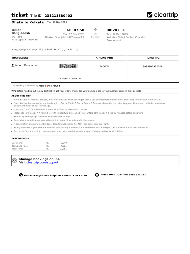 Cleartrip Flight E Ticket 1 | PDF | Aviation | Transport