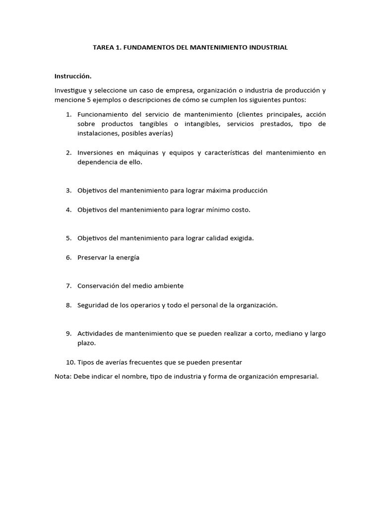 Tarea 1. Fundamentos Del Mantenimiento Industrial | PDF