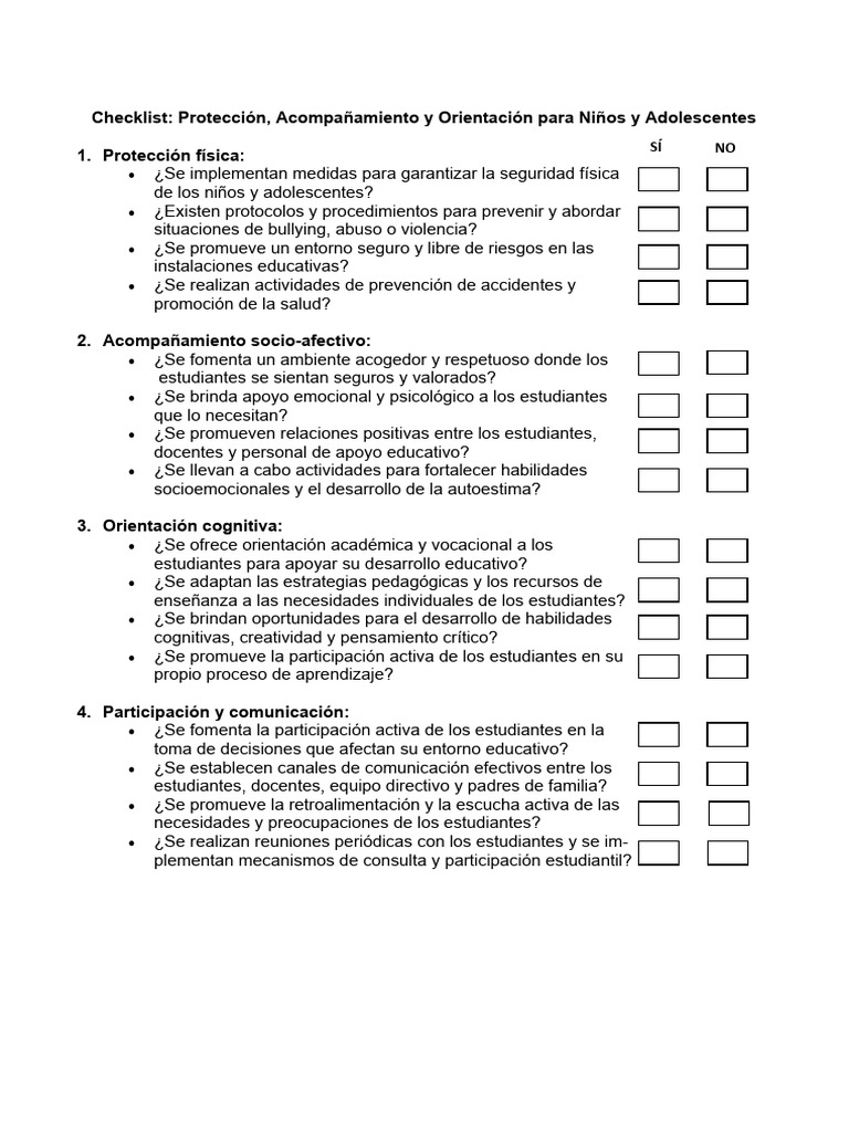 Checklist - Protección, Acompañamiento y Orientación para Niños y ...