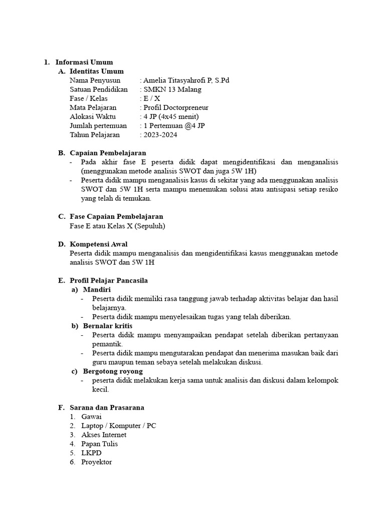 Modul Ajar Siklus 2 X AKC 1 | PDF