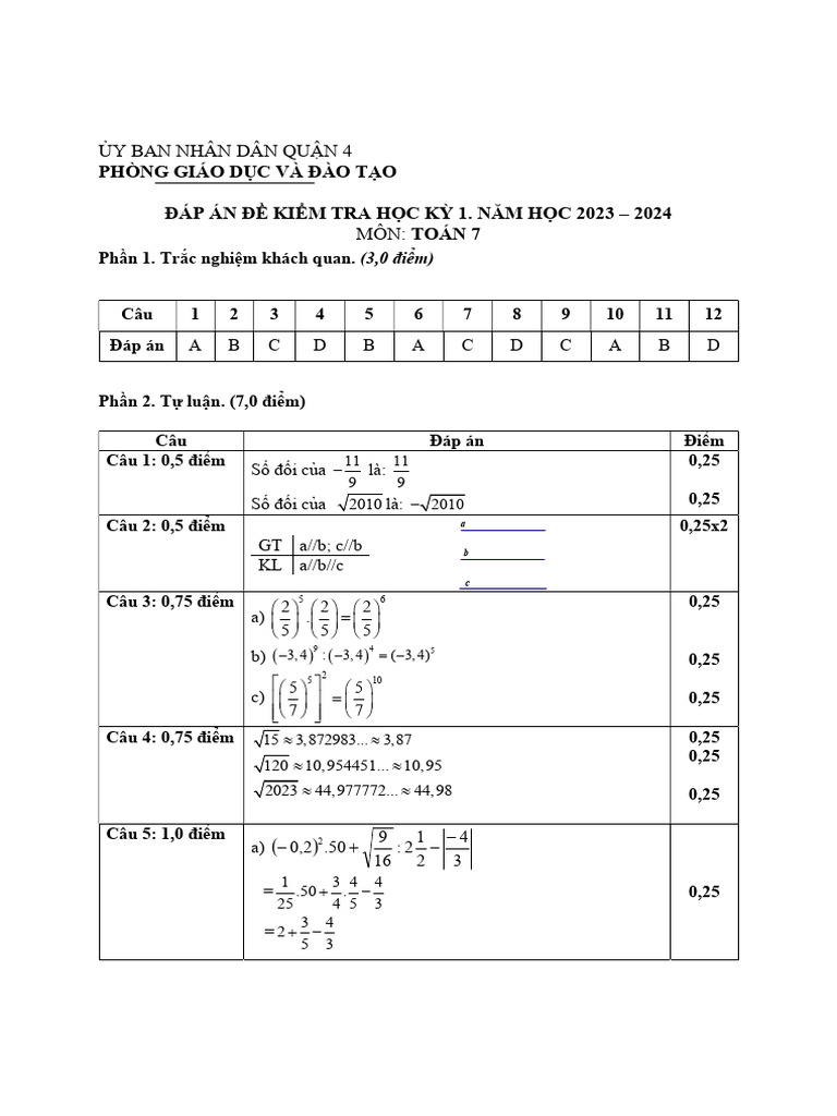 (Đa) KT HK1 Toán 7 - NH23.24 | PDF