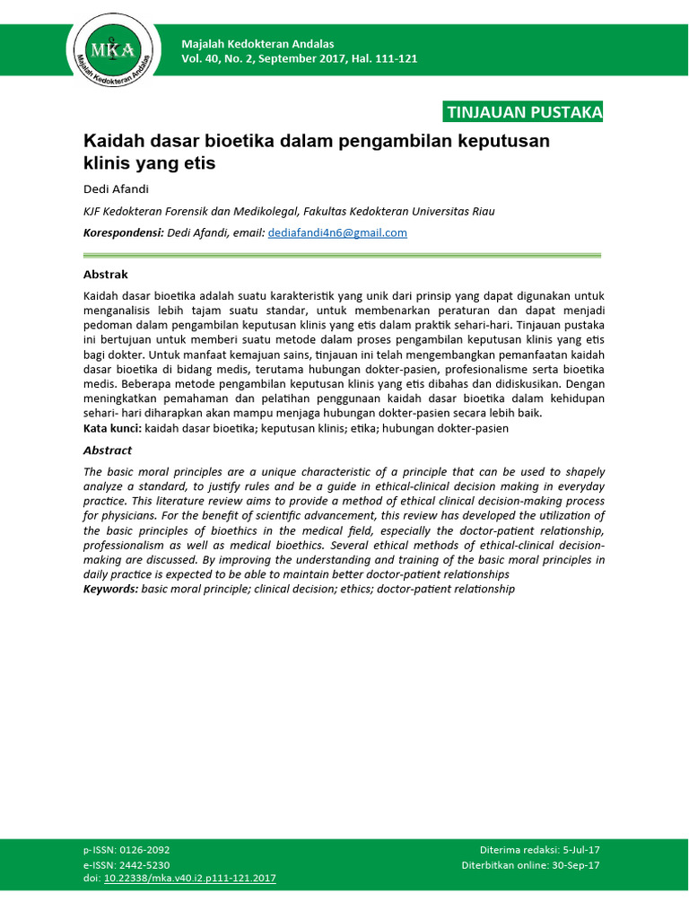 KAIDAH DASAR BIOETIKA DALAM PENGAMBILAN KEPUITUSAN KLINIS YANG ETIS | PDF