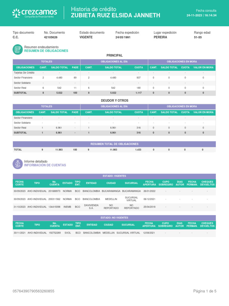 Zubieta Ruiz Elsida Janneth: Historia de Crédito | PDF | Crédito ...