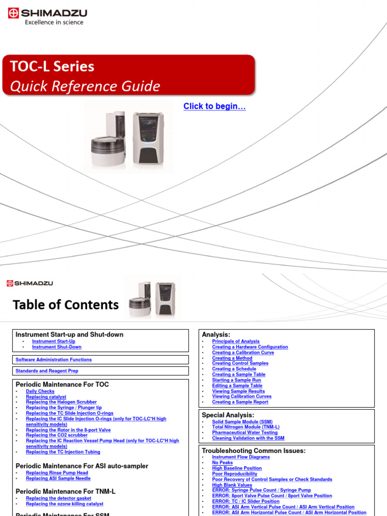 TOC-L Series Quick Reference Guide | PDF | Total Organic Carbon | Syringe