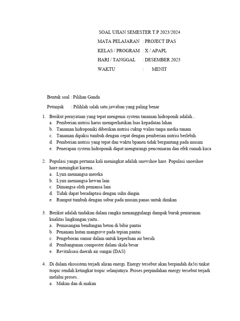 Soal Project Ipas Kelas X | PDF