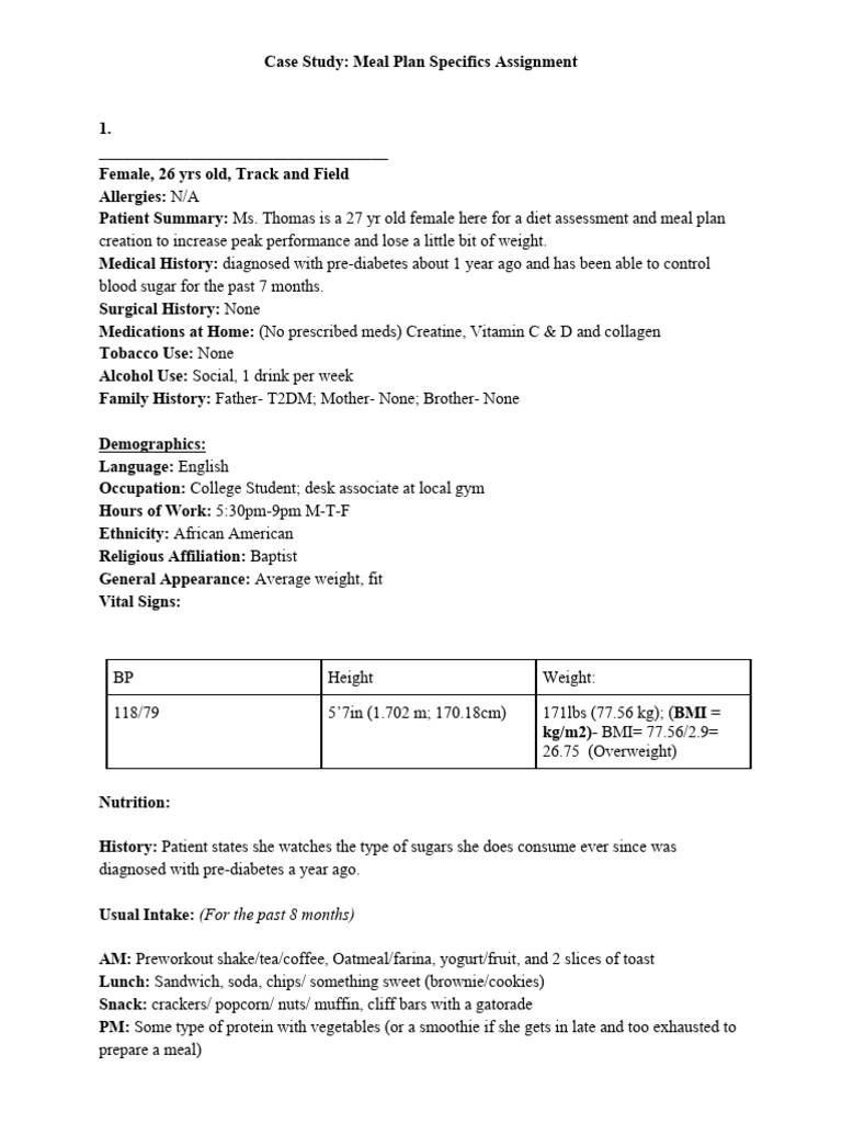 Case Study - Meal Plan Specifics Assignment | PDF | Food Energy | Lunch