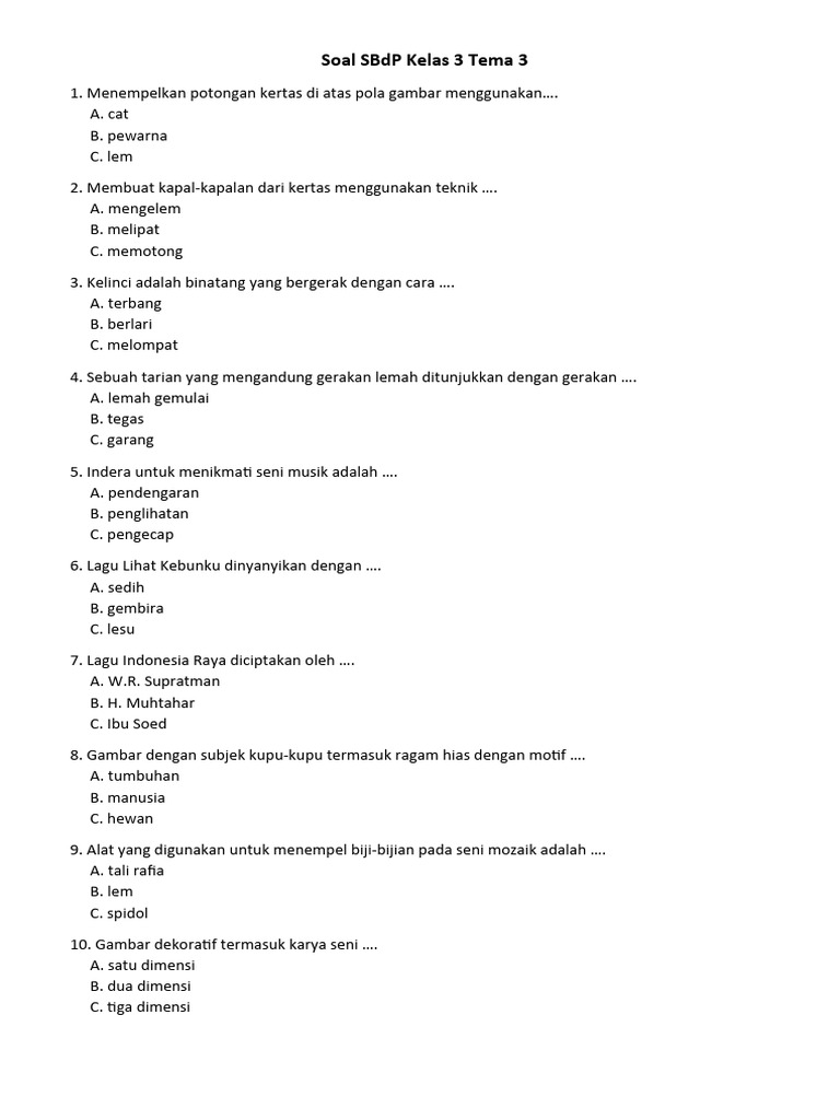 Soal SBDP Kelas 3 Tema 3 | PDF
