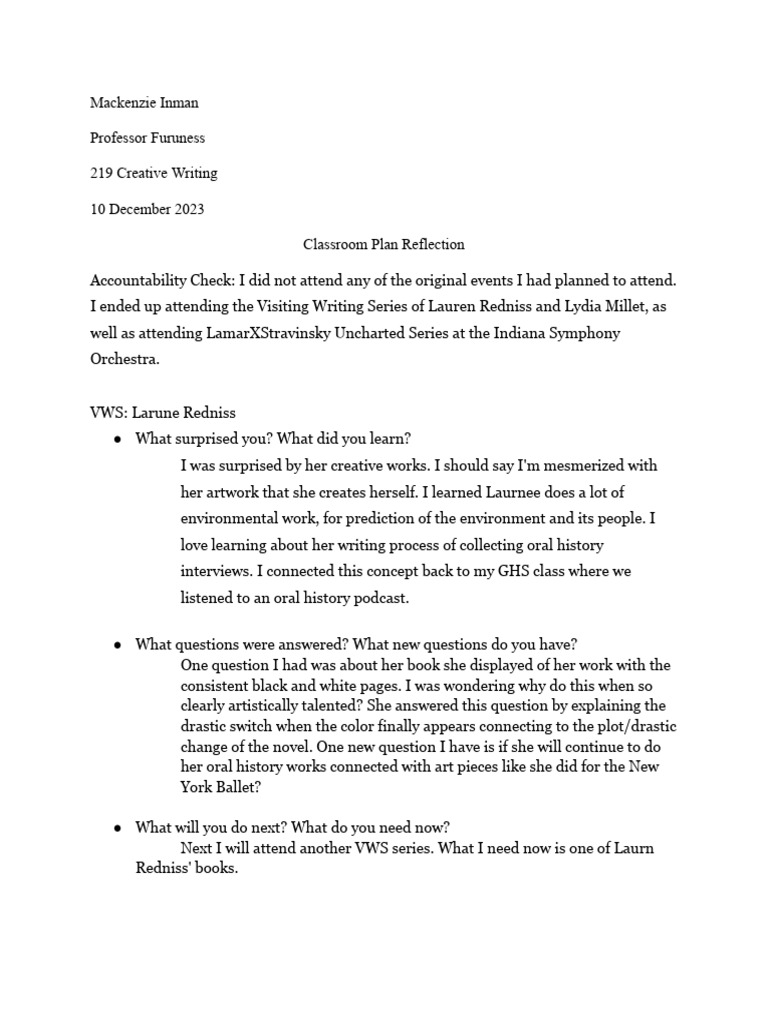 Classroom Plan Reflection | PDF