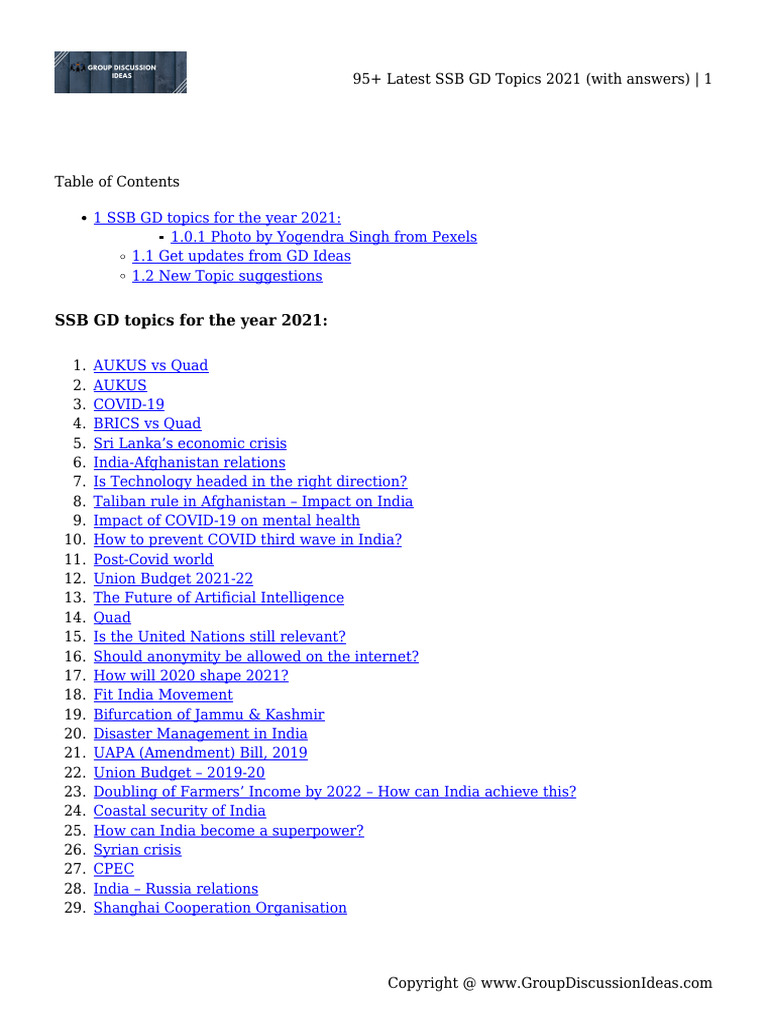 95+ Latest SSB GD Topics 2021 (With Answers) | PDF | Government ...