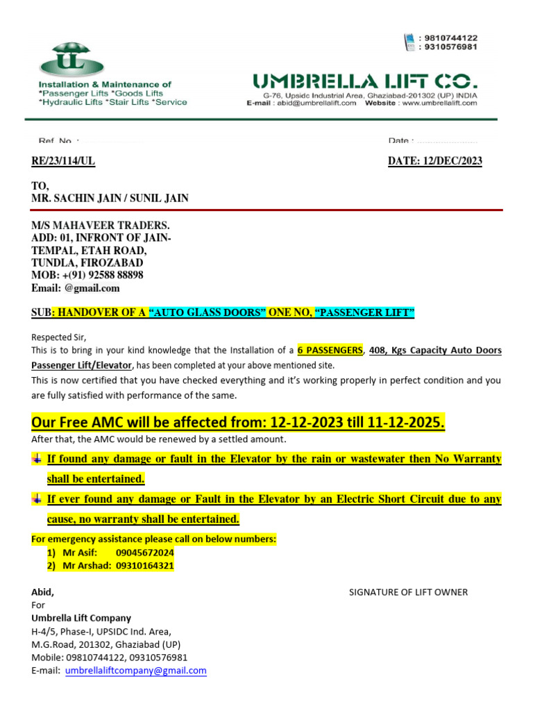 Auto Passenger Lift Handover & Warrenty Letter, Mahavir Traders ...