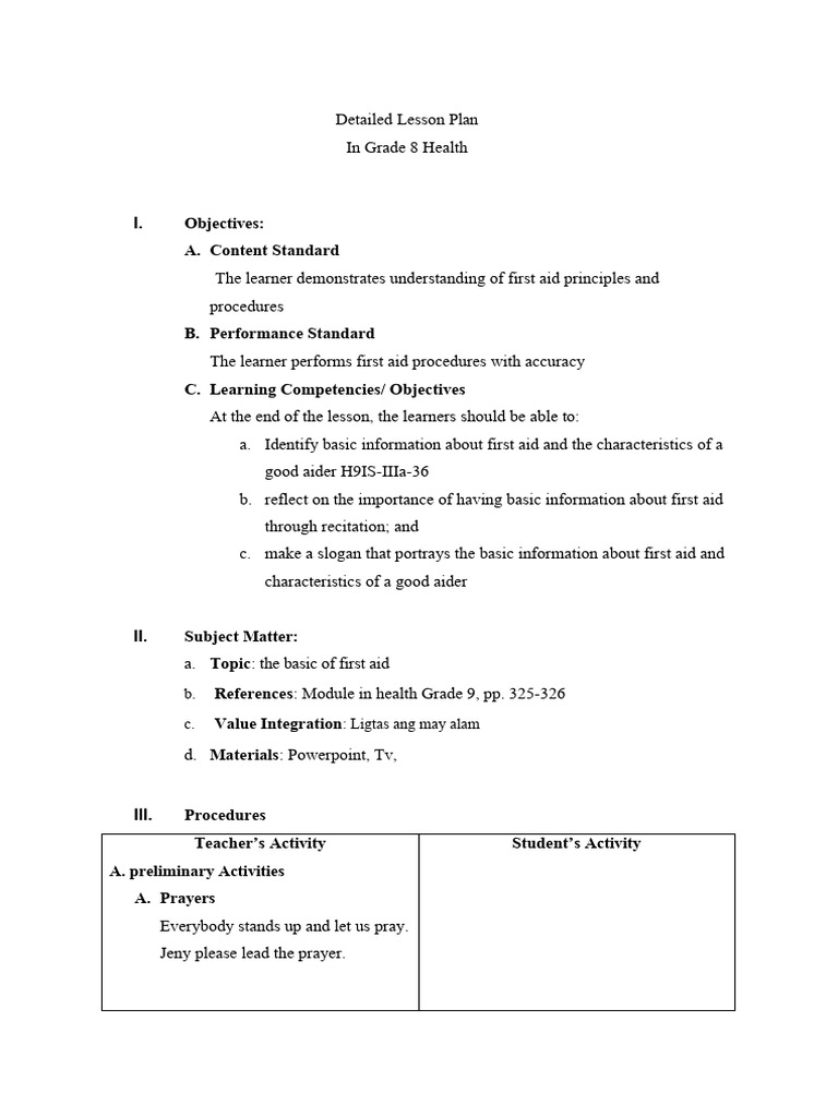 Detailed Lesson Plan ttl | PDF | First Aid | Clinical Medicine