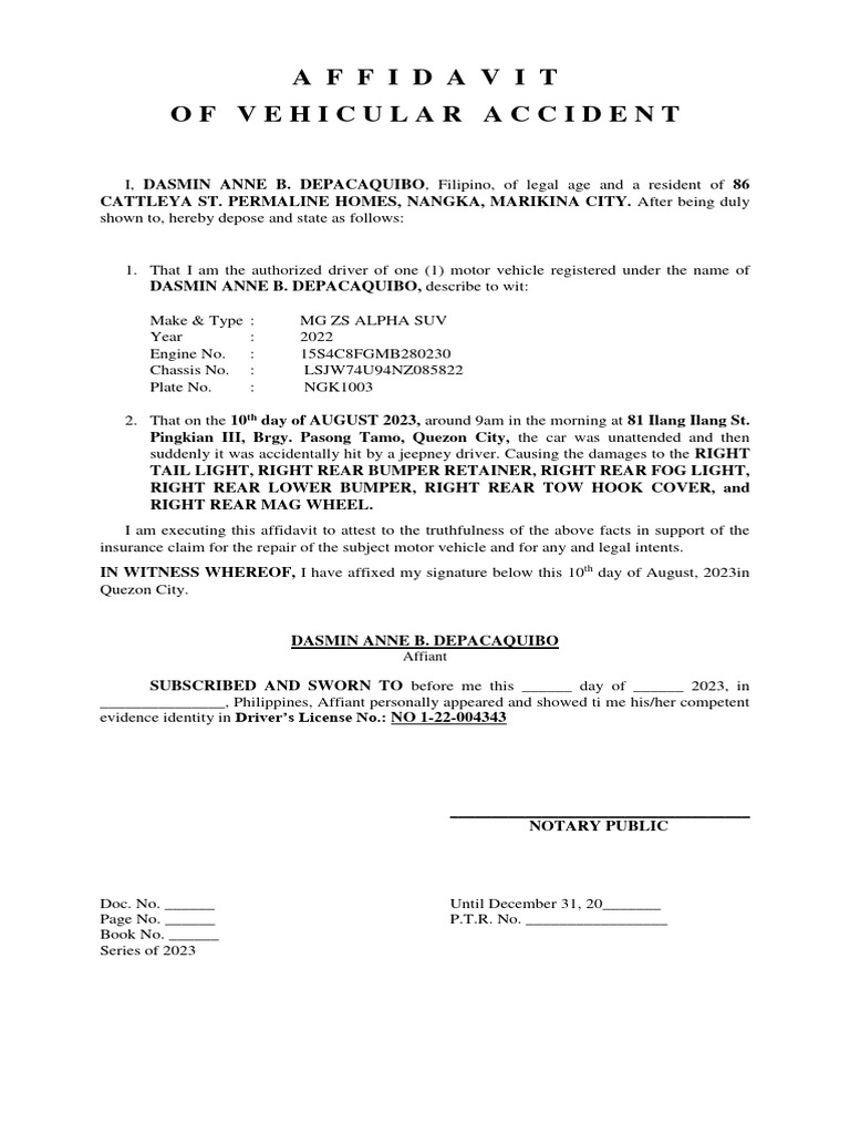 Affidavit of Vehicular Accident | PDF