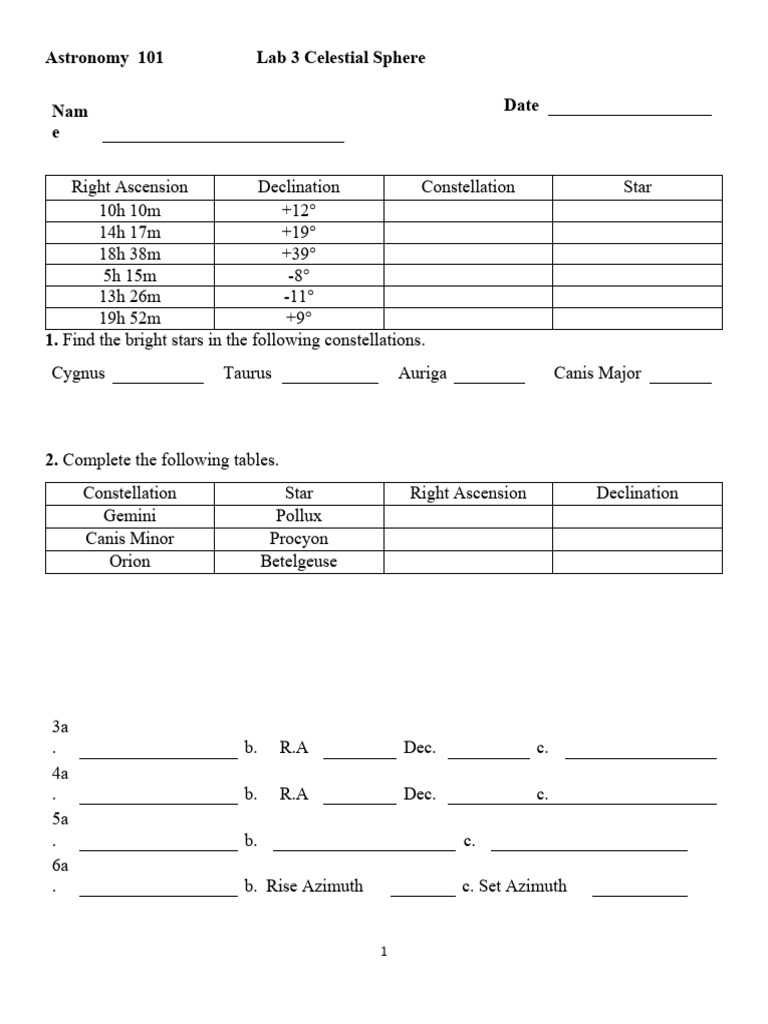 Ast101 Lab3 Data Sheet | PDF | Planets | Azimuth
