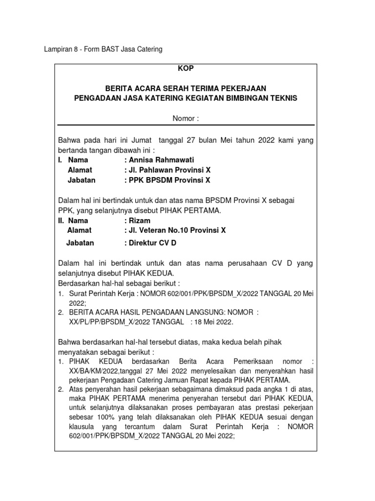 Lampiran 8 - Form BAST Jasa Katering | PDF
