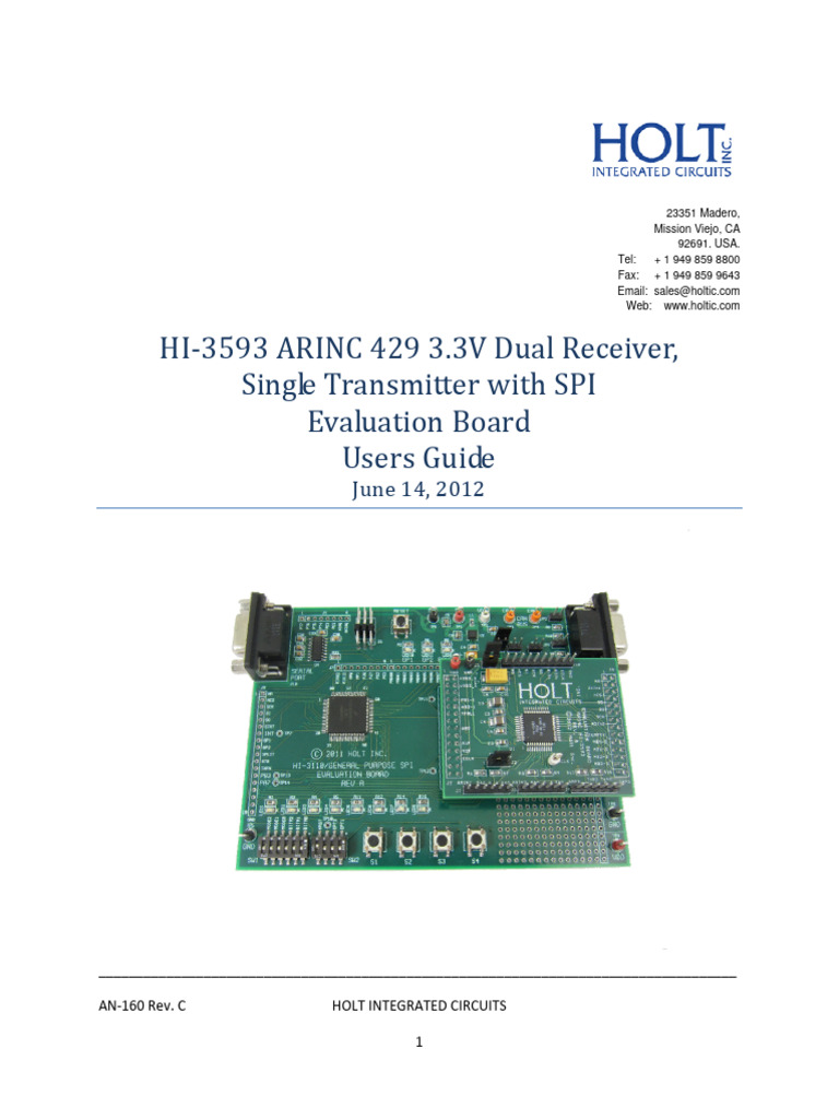 HI 3593 ARINC 429 3.3V Dual Receiver, Single Transmitter With SPI Evaluation Board Users Guide ...