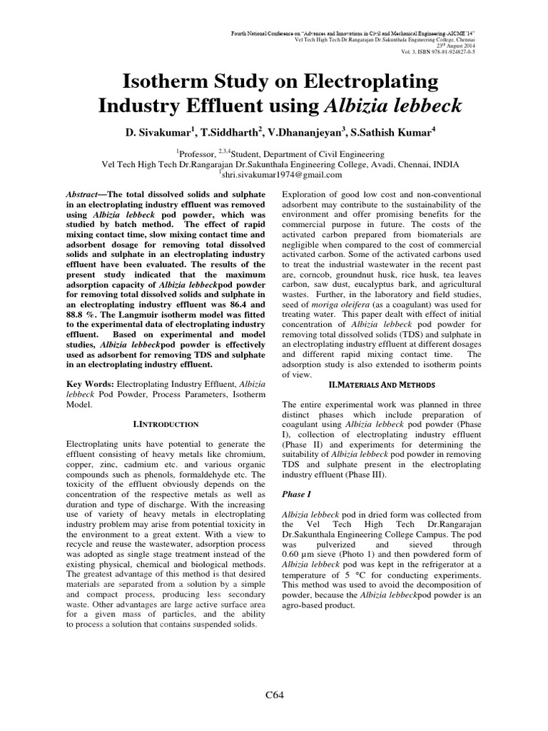 ISOTHERM STUDY ON ELECTROPLATING INDUSTRY EFFLUENT USING Albizia | PDF | Adsorption | Chemistry