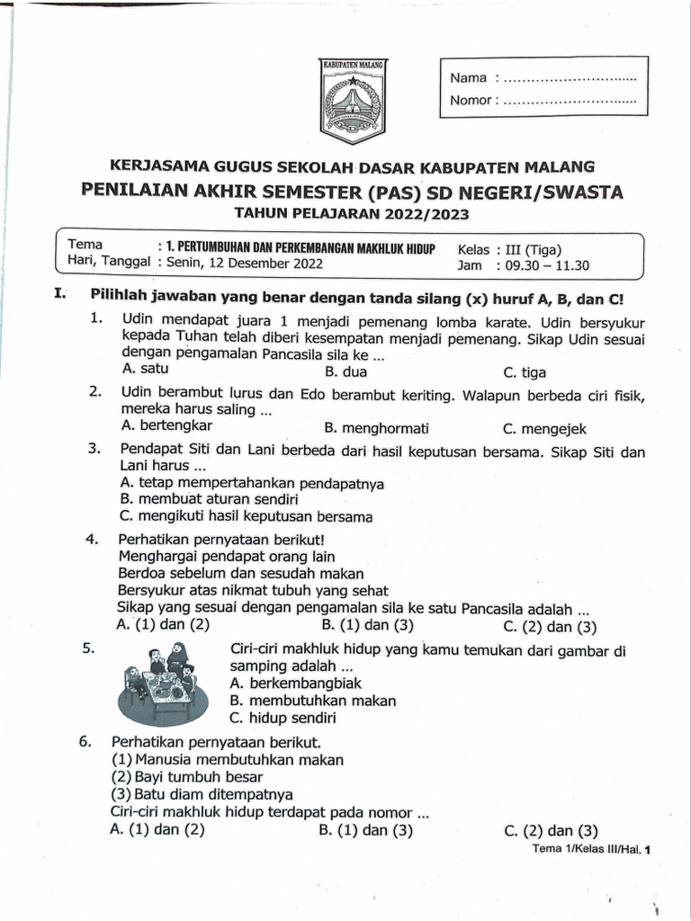 Soal Penilaian Akhir Semester SD TEMA 1 | PDF Soal Penilaian Akhir Semester SD TEMA 1 | PDF