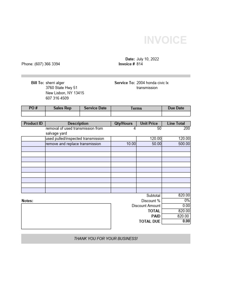 Honda Civic Transmission Invoice | PDF